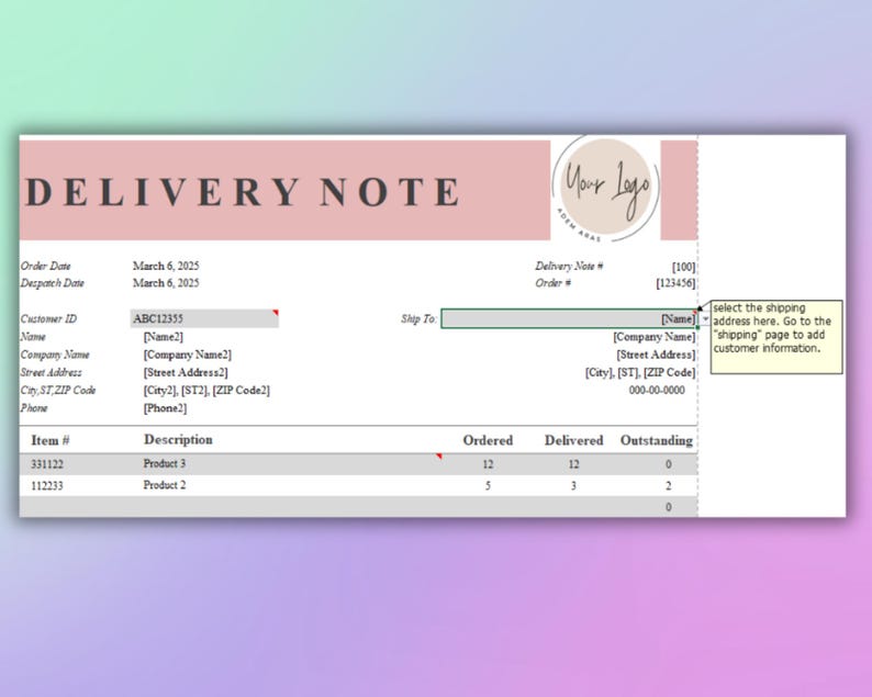Advanced Delivery Note Template, Packing Slip, Google Sheets, MS Excel ...