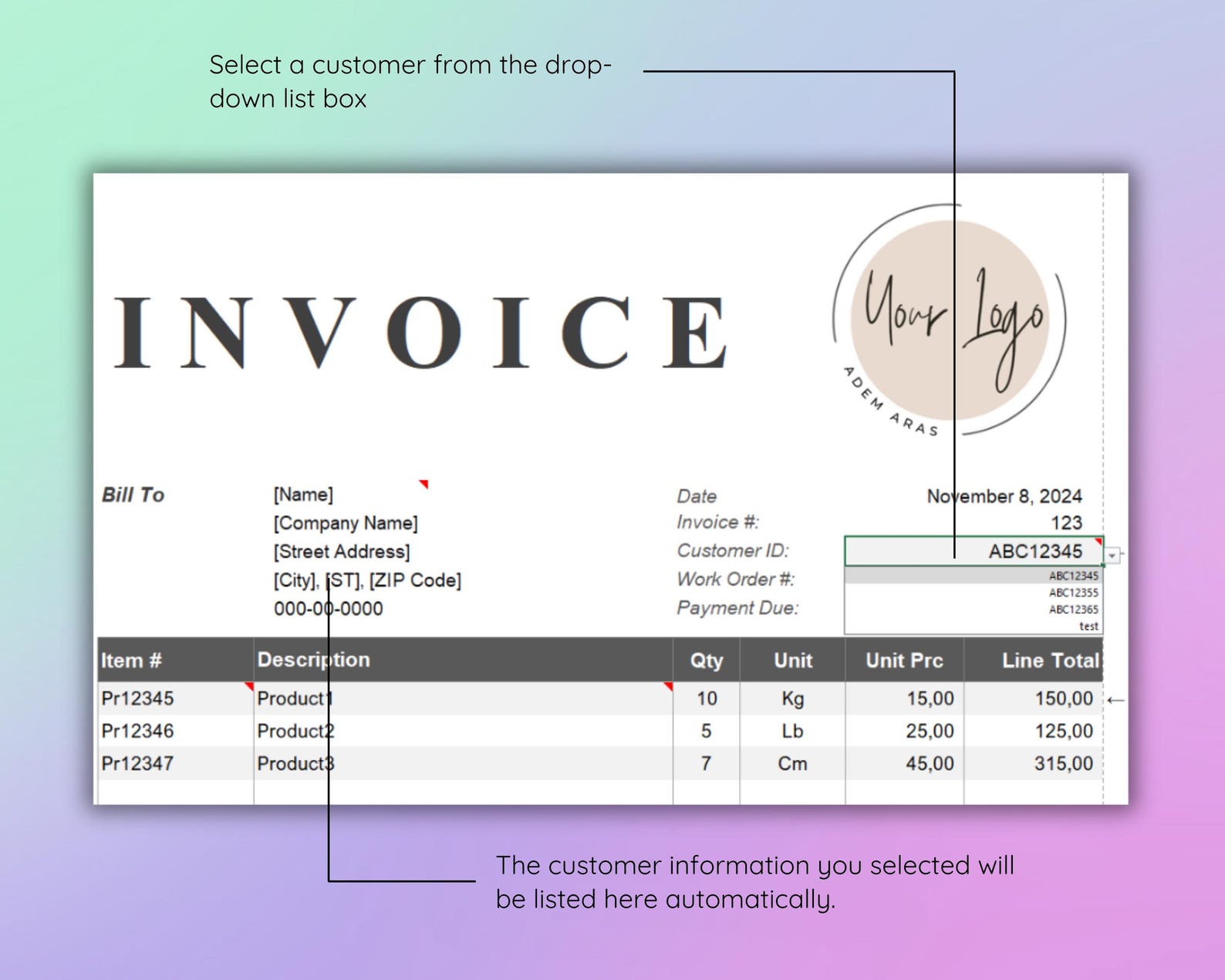 Advanced Invoice Template, Selected From Customers and Product List Box ...
