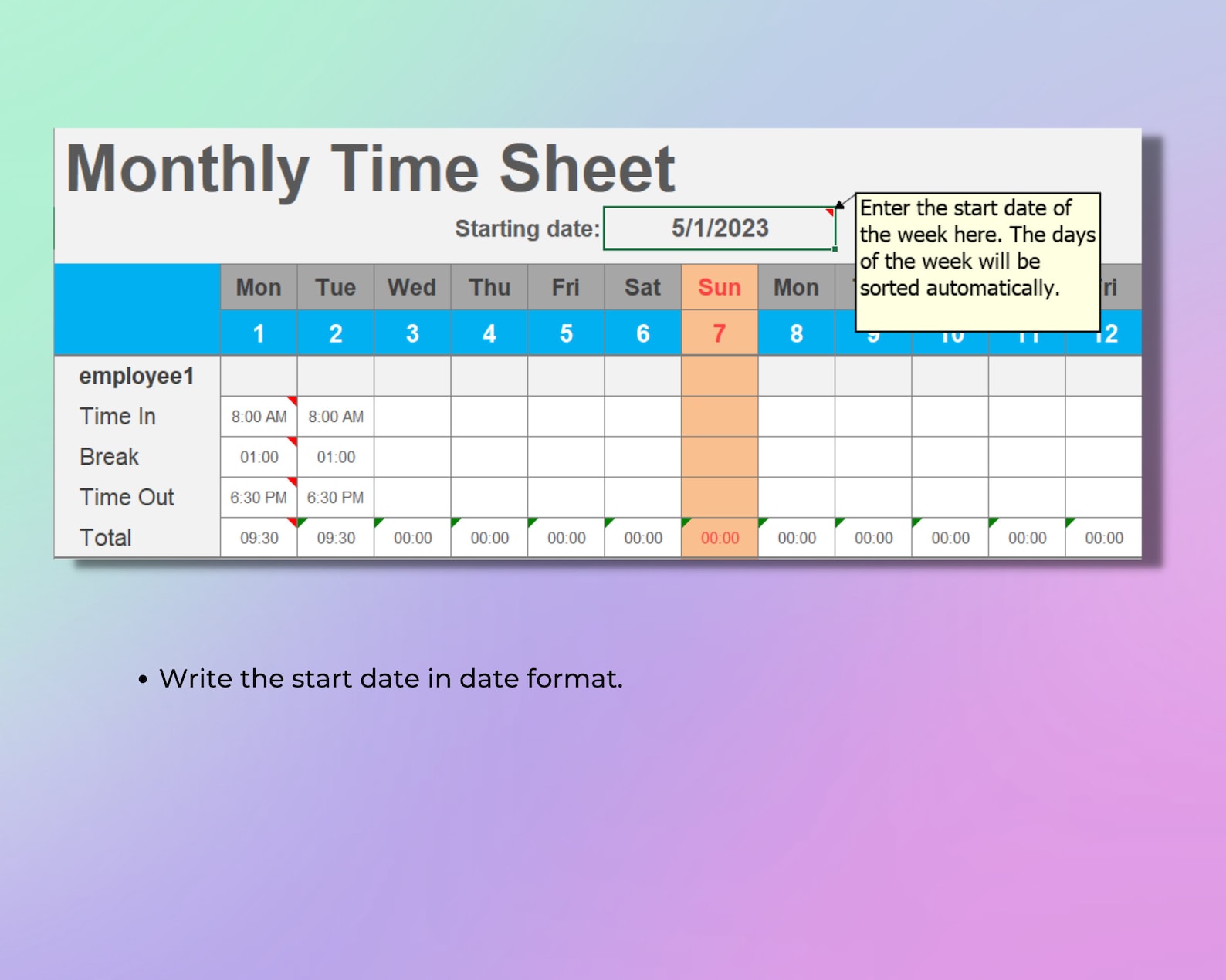 Monthly Timesheet for Multiple Employees, Employee Table, With Break ...