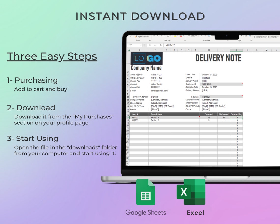Advanced Delivery Note Template, Packing Slip, Google Sheets, MS Excel ...