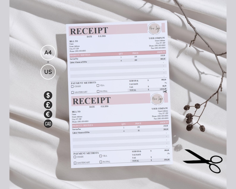 Printable, Editable Receipt Template, for Small Businesses, Excel and ...