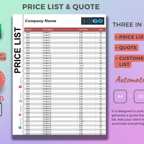 Price Quotation Template Excel - Etsy