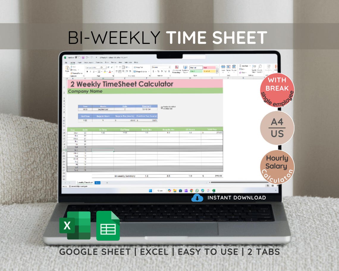 Bi-week Timesheets Employee Table, With Break, Salary Calculator, Excel ...