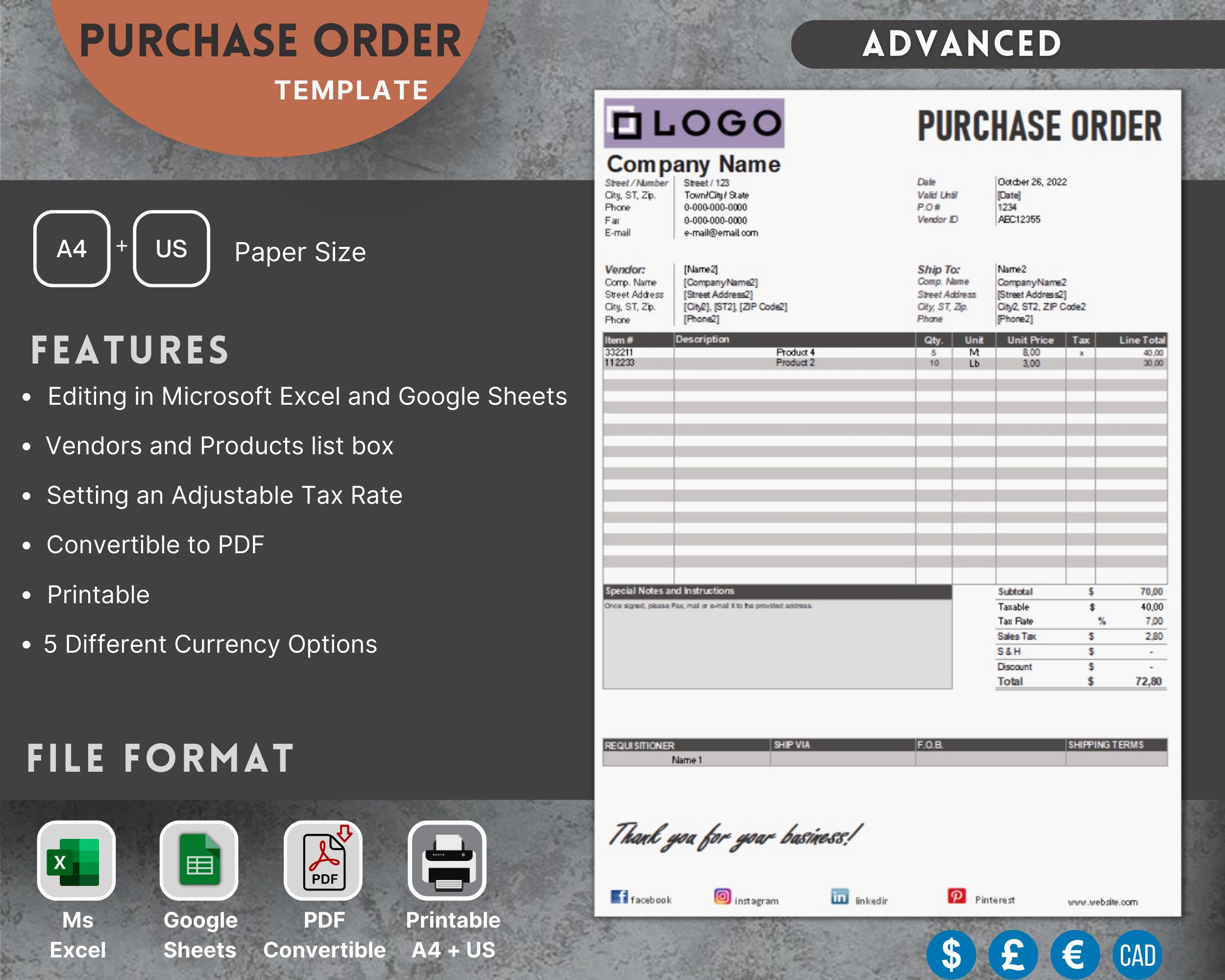 Advanced Purchase Order Form Template Google Sheets MS - Etsy
