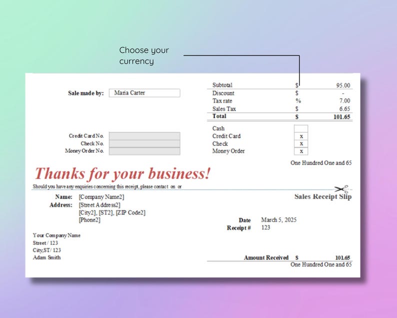 Advanced Payment Receipt Template | Excel & Google Sheets | Printable ...