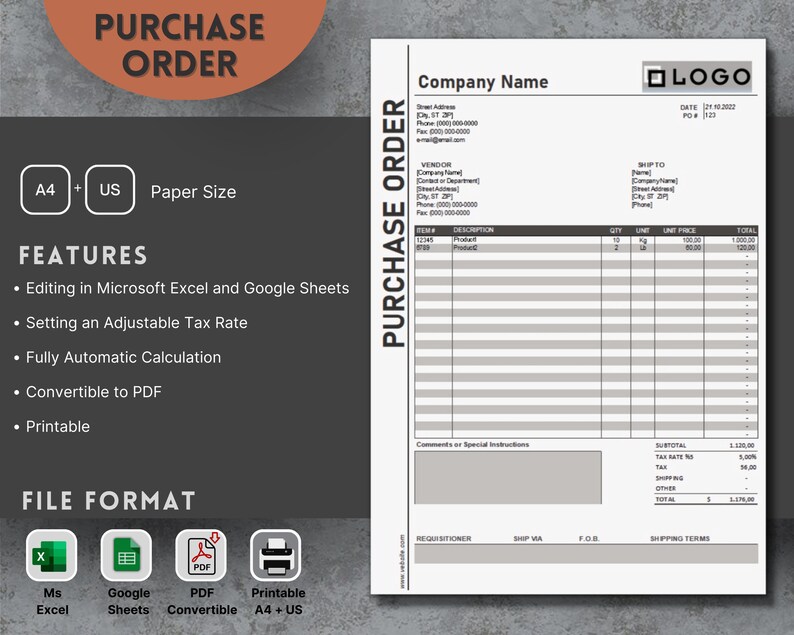 Purchase Order Form Template Google Sheets Microsoft Excel - Etsy
