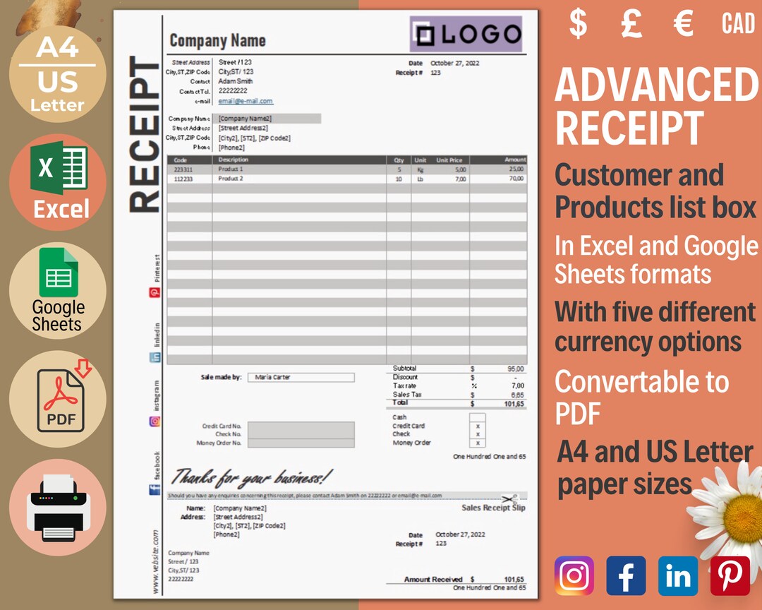 Advanced Receipt Template Excel Google Sheets Convertible - Etsy