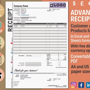 Advanced Receipt Template Excel Google Sheets Convertible - Etsy
