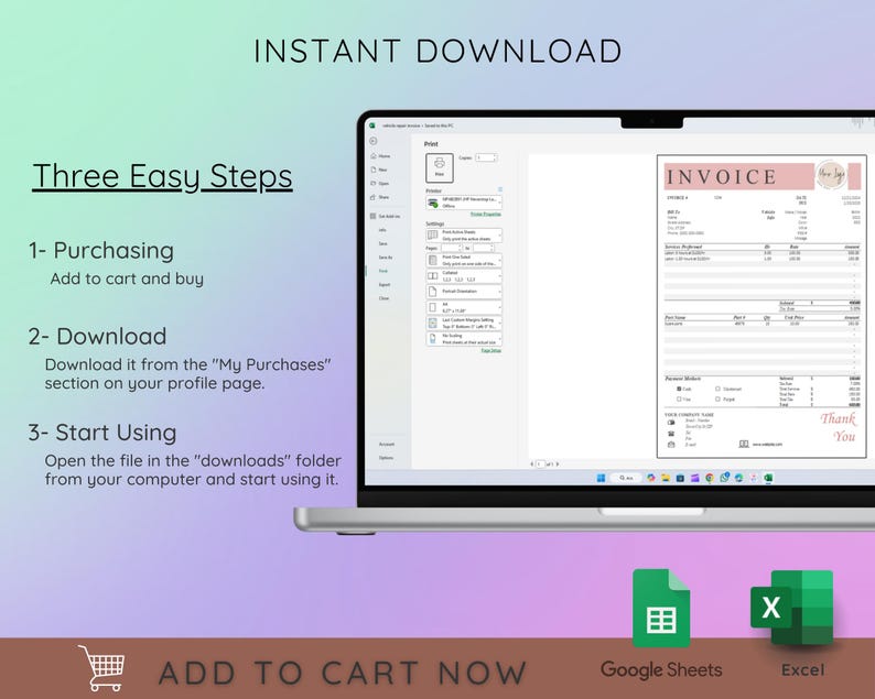 Computer Repair Invoice Template | Editable Excel & Google Sheets | Automatic Calculations | A4 ...