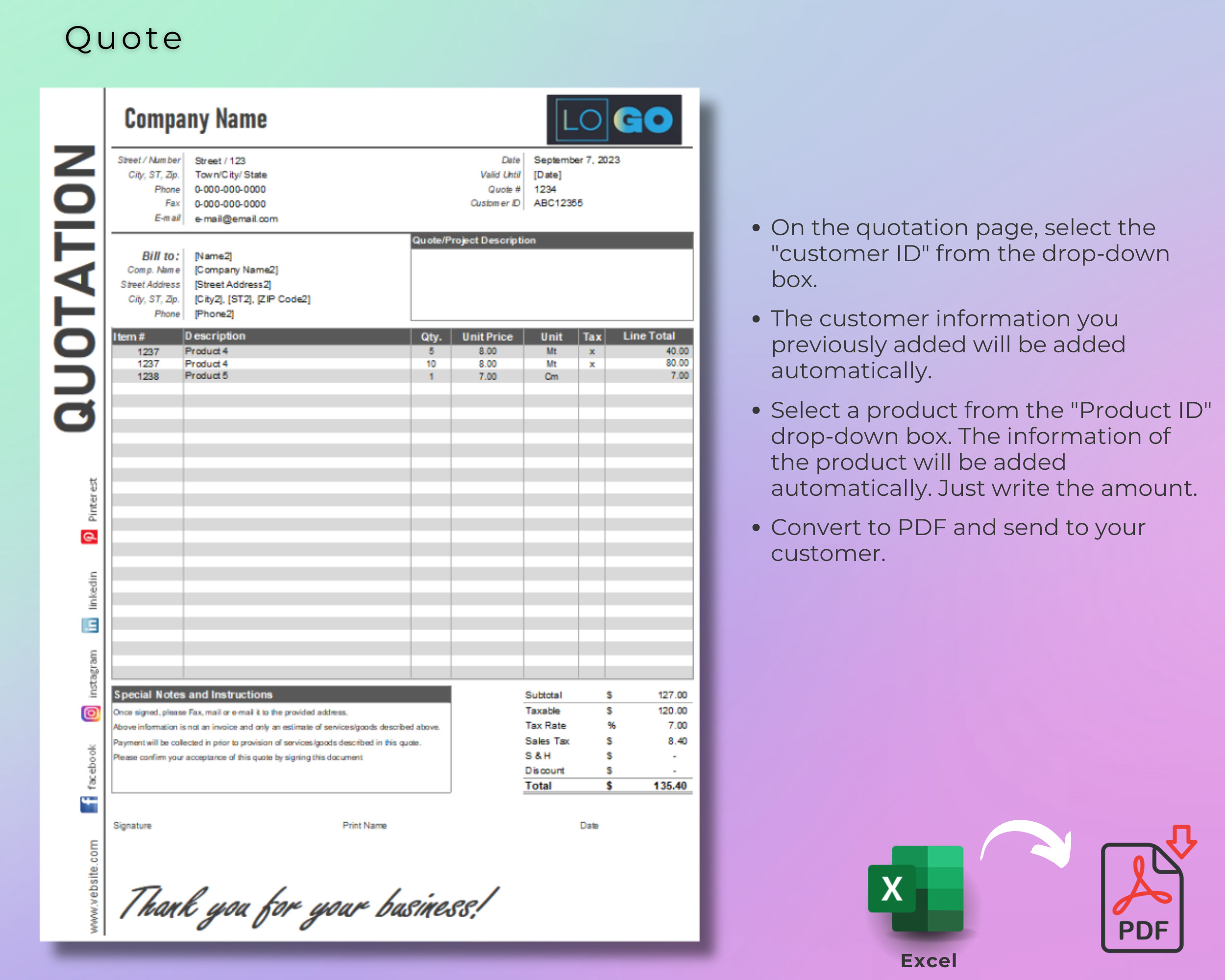 Price List and Quote Template, Microsoft Excel, PDF Convertible ...