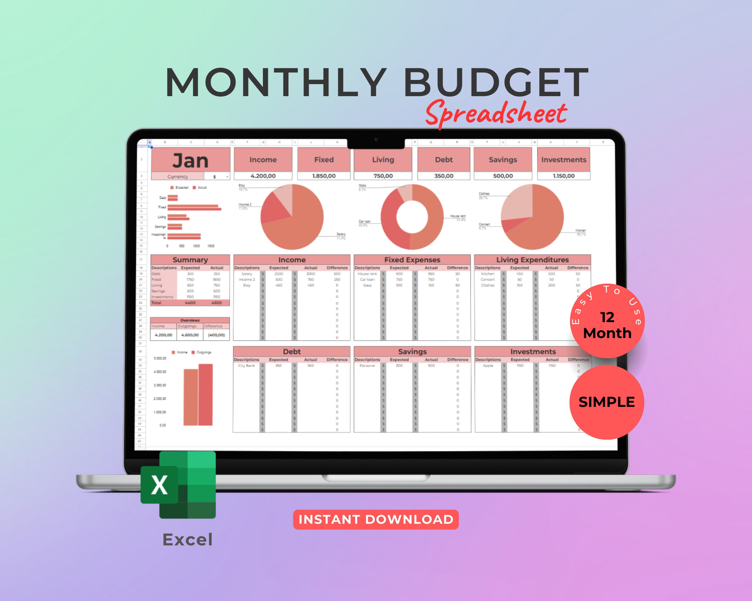 Excel Monthly Budget Template Planner Template Finance Tracker - Etsy