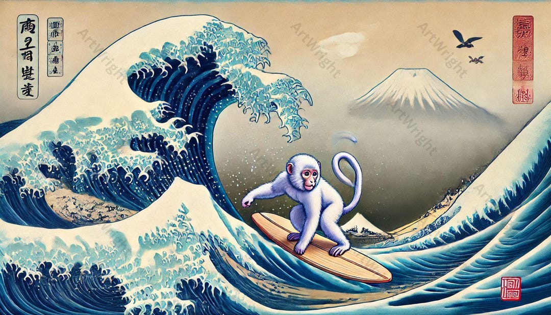 The Great Monkey Wave Surfing Japan Mt Fuji Art Digital Image for ...