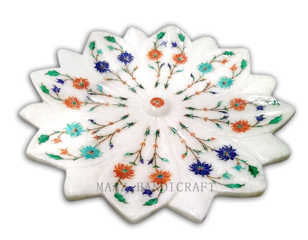10'' Marble Inlay Work Beautiful Lotus Flower Design Plate for Putting ...