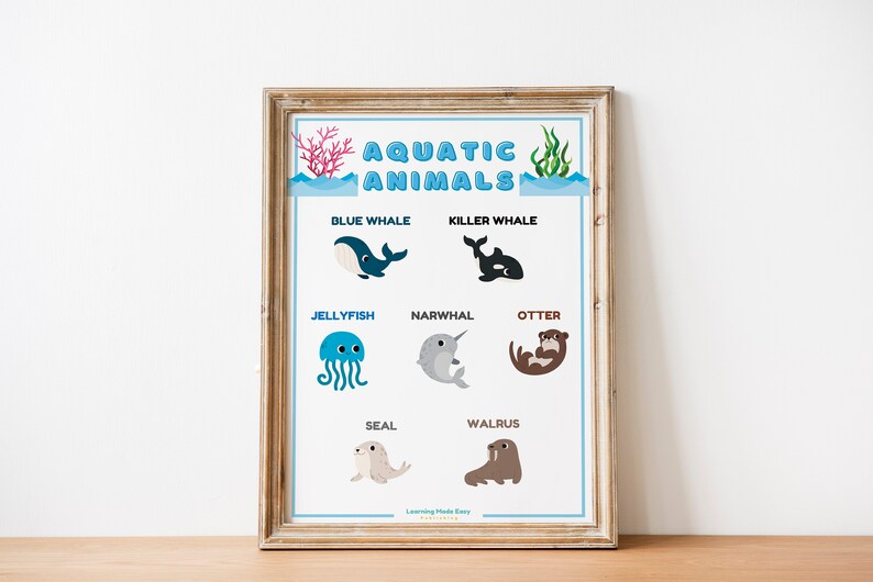 Aquatic Animals Poster, Montessori Educational Wall Art Print, Water ...