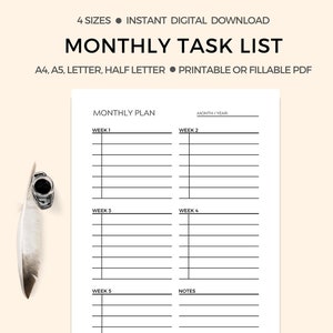 Monthly Task List Printable PDF Monthly to Do List Monthly - Etsy