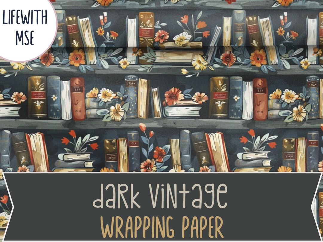 Dark Vintage Bookshelf Wrapping Paper Elegant Gift Wrap With Books and ...