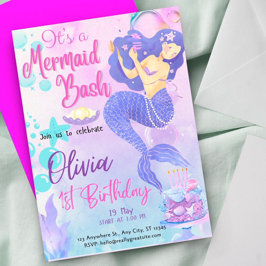 Editable Mermaid Birthday Invitation Card, Mermaid Bash, 1st Birthday ...