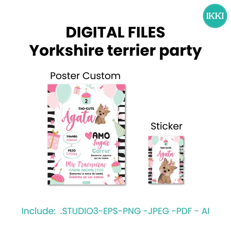 Yorkie Party Dog Birthday, Digital File, Custom Poster, Sticker, Cake ...