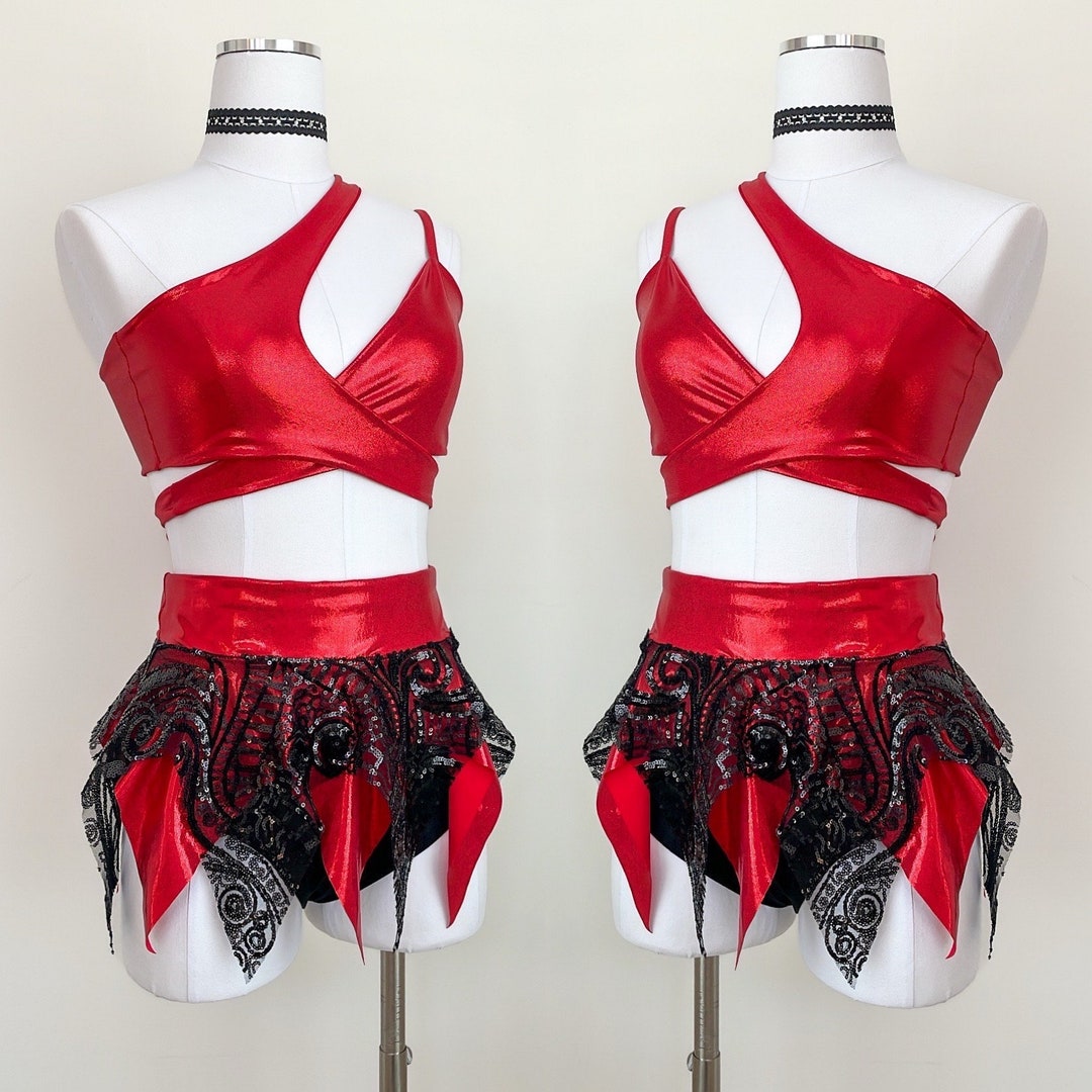 Red Asymmetrical Top and Sequin Skirt Set/ Festival Outfit / Rave ...
