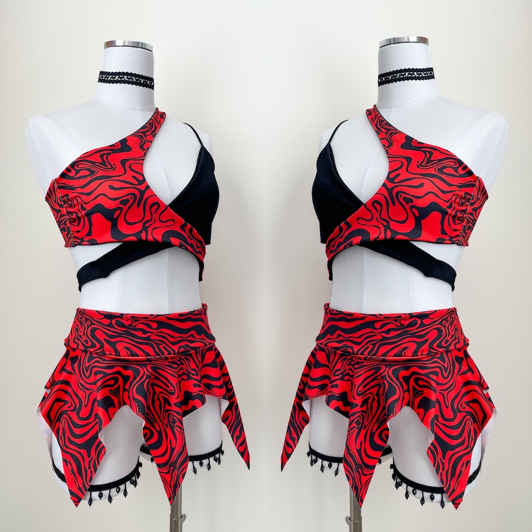 Red and Black Trippy Pixie / Trippy Asymmetrical Top and Skirt Set ...
