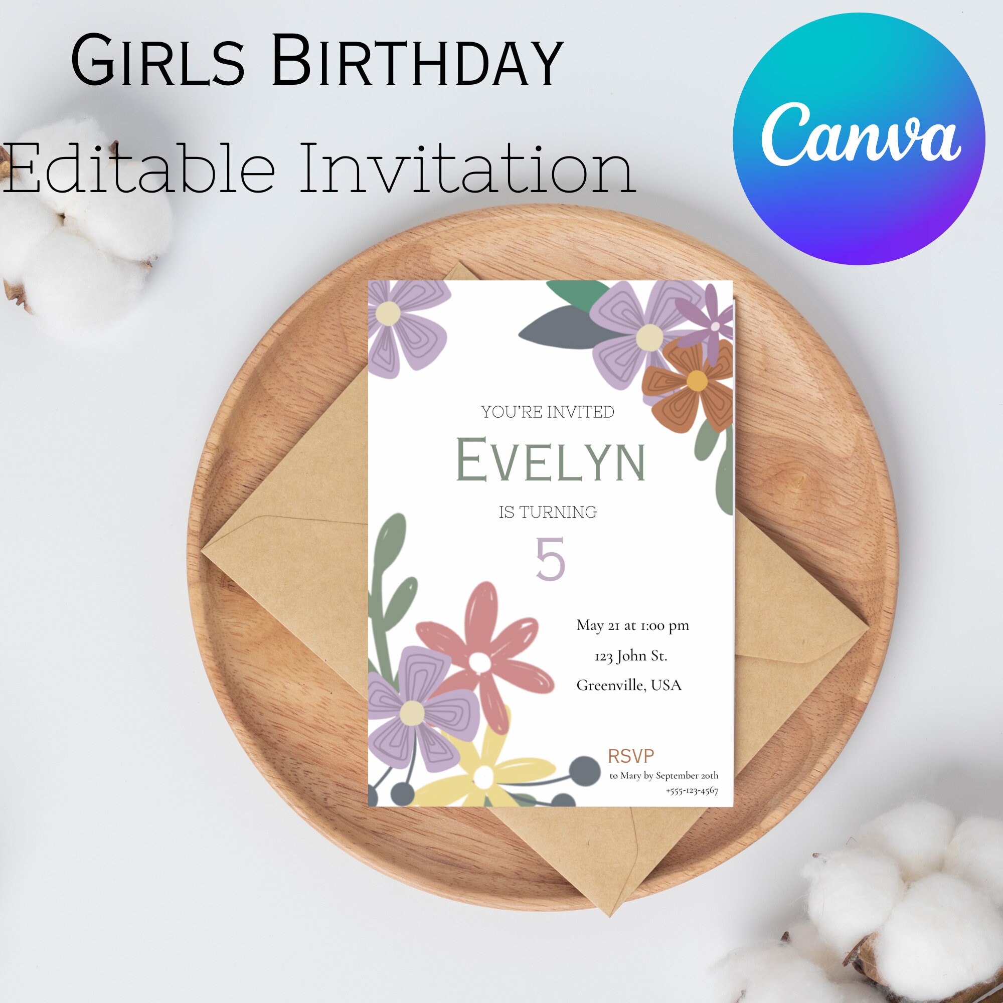 Customizable Girls Floral Birthday Invitation, Canva Template Girls ...