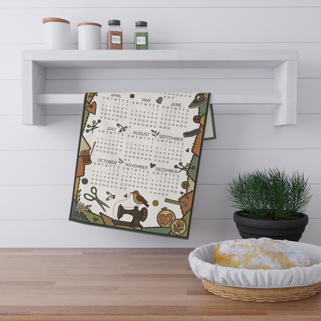 2026 Sewing Calendar Tea Towel | Sewing Machine, Threads, Buttons ...