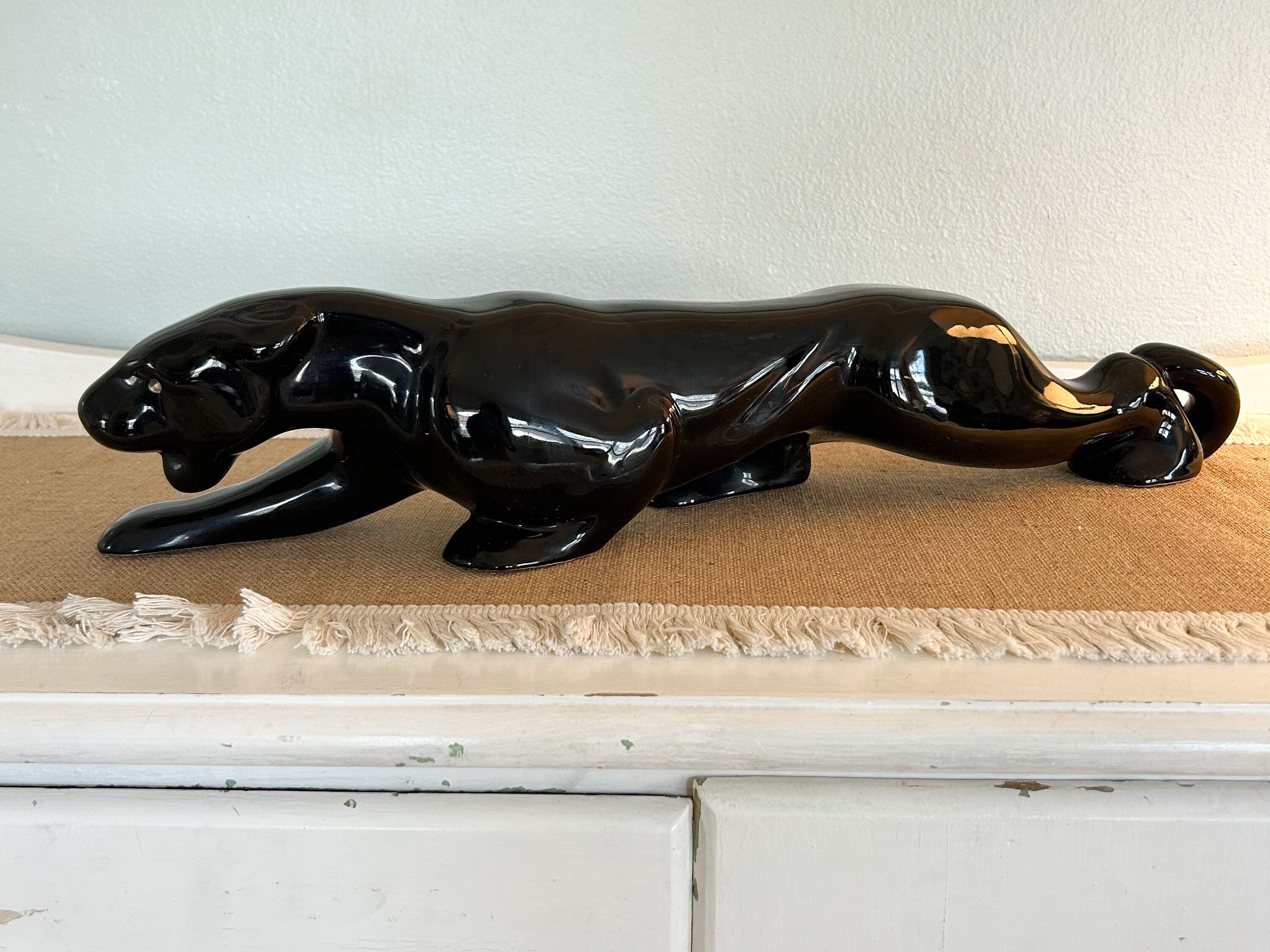 Creeping Crouching Black Panther Ceramic Statue, Large, MCM, Glazed, TV ...