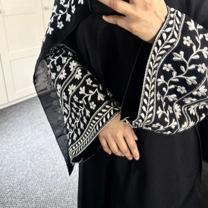 Flower Sleeve Embroidered Linen Abaya, Open Abaya, Linen Abaya, Kimono, Kaftan, Dubai Abaya ...