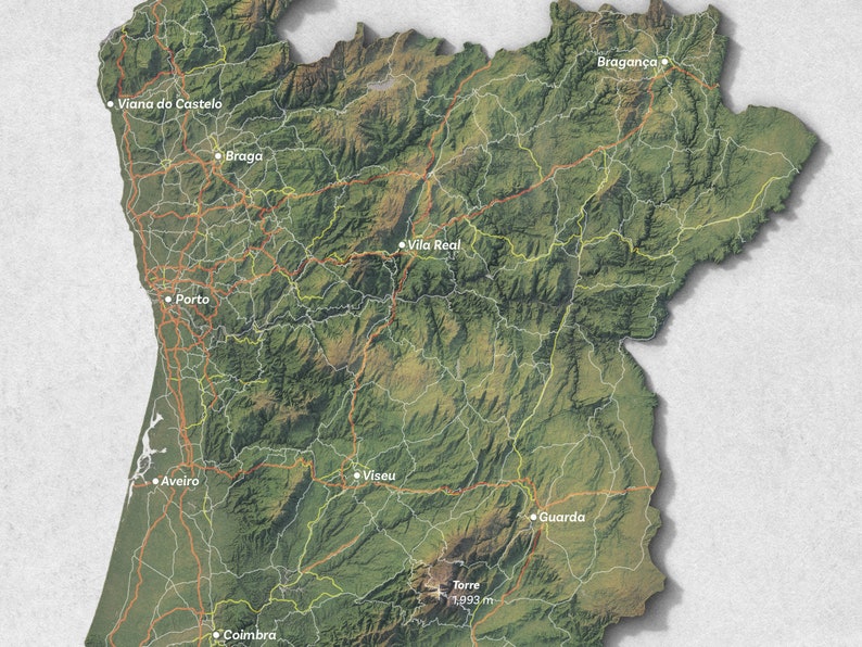 Shaded Relief Map of Portugal - Etsy