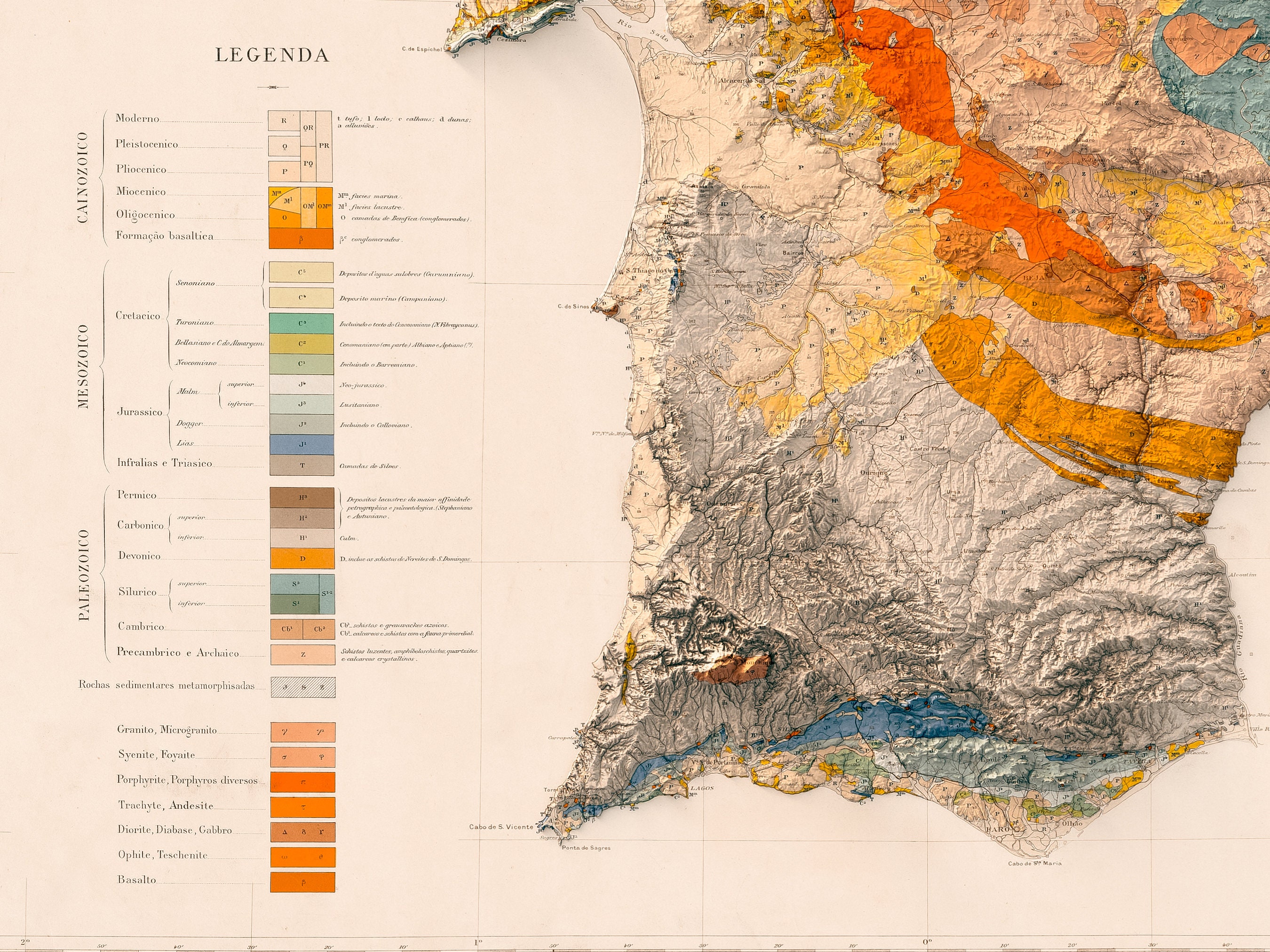Vintage Geological Map of Portugal 1899 Enhanced With Shaded Relief - Etsy