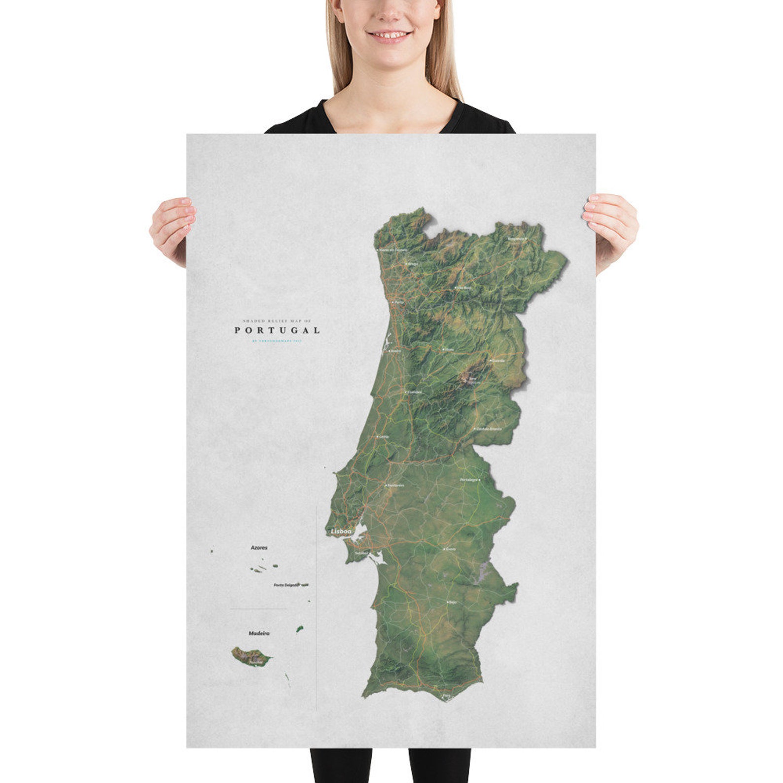 Shaded Relief Map of Portugal - Etsy