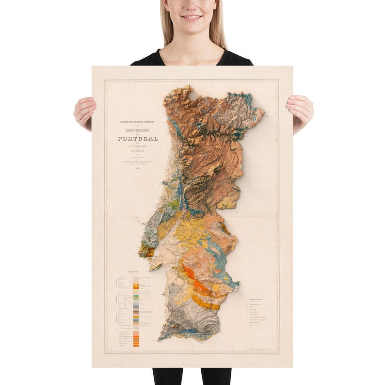 Vintage Geological Map of Portugal 1899 Enhanced With Shaded Relief - Etsy