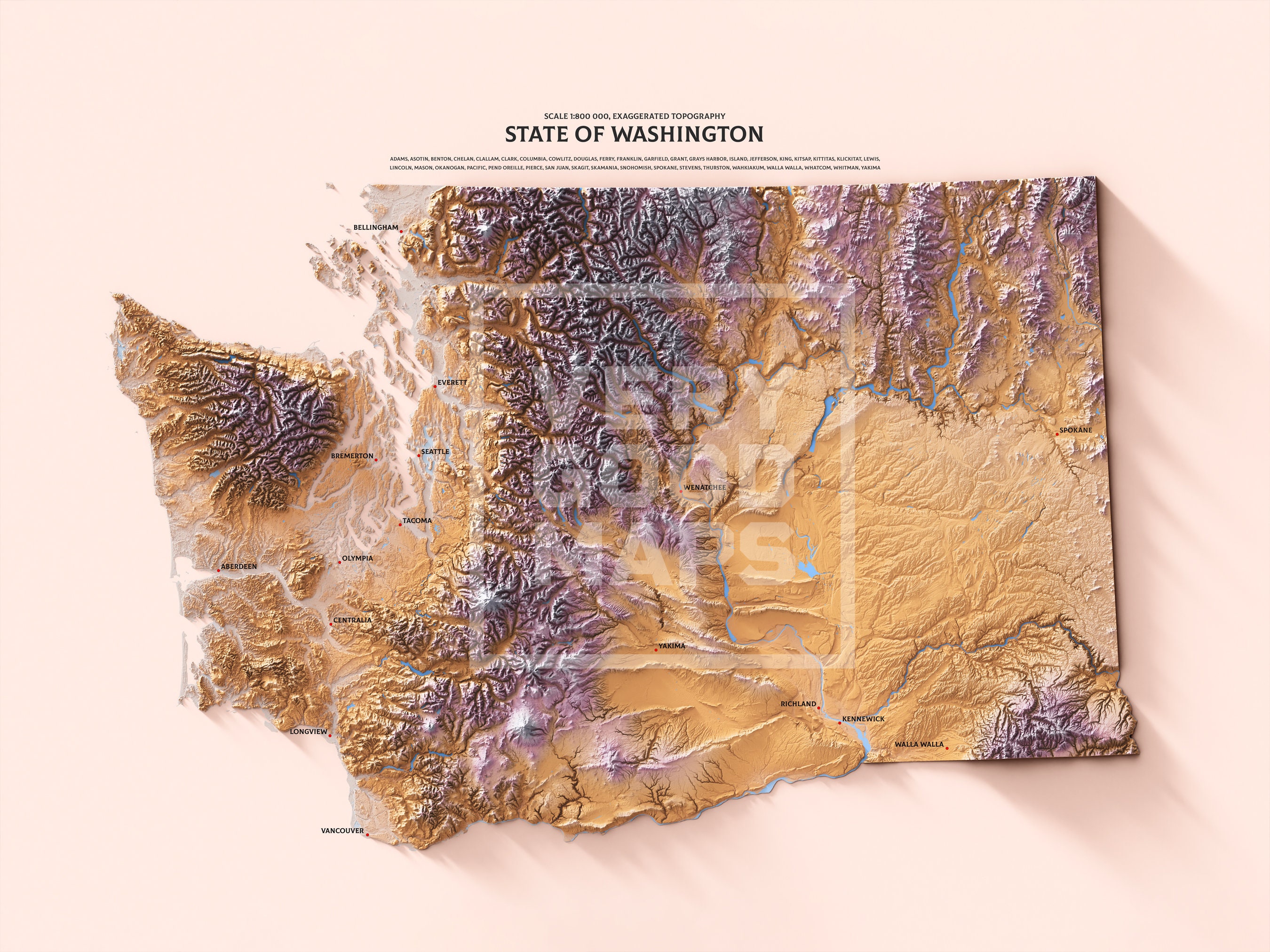Radiant Horizons: Washington State Shaded Relief Map Poster - Etsy