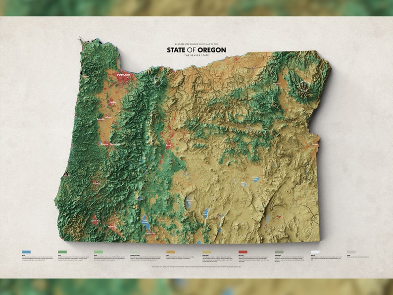 Oregon Shaded Relief Map With Land Cover Data - Etsy