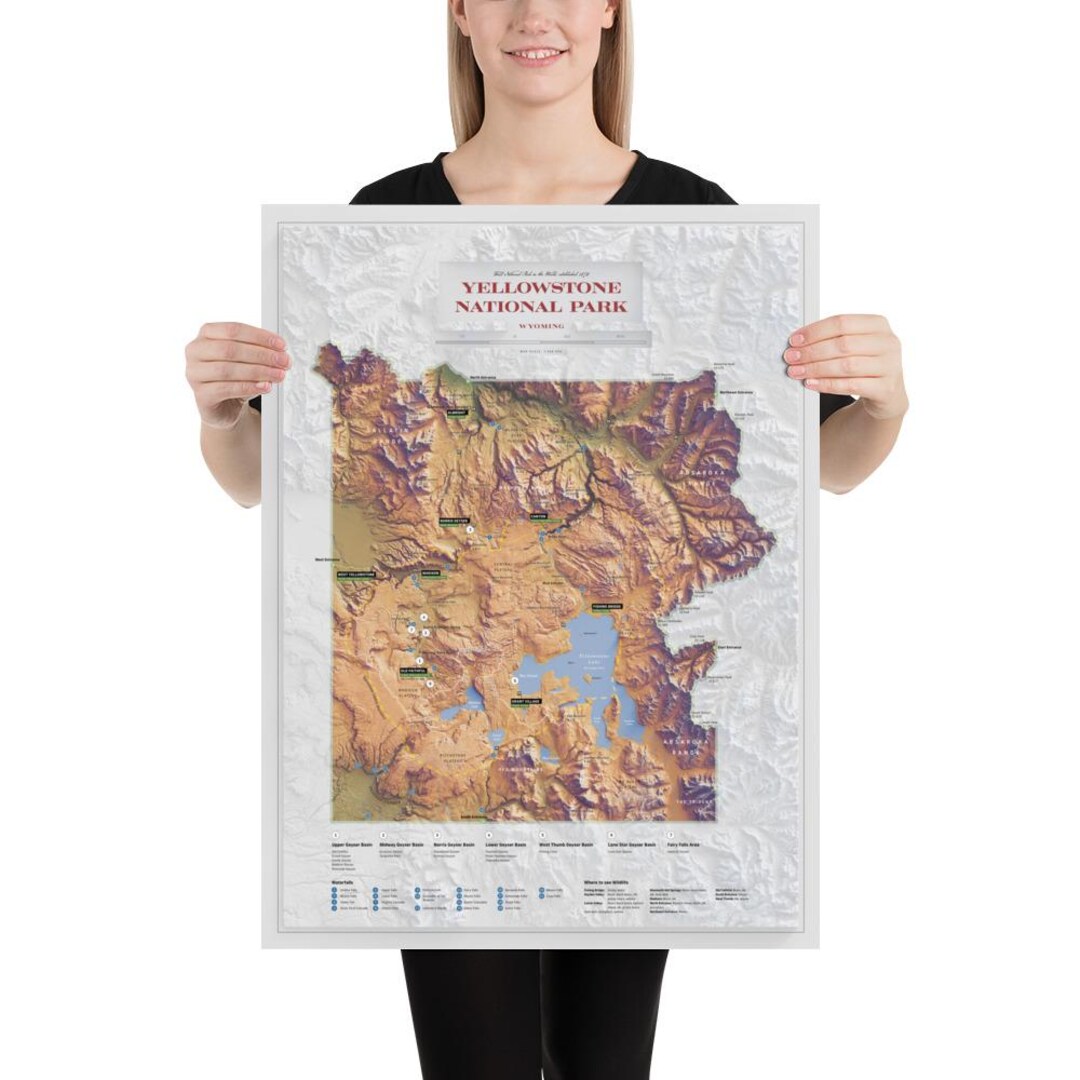 Yellowstone National Park Map Print 18x24 Shaded Relief, Detailed ...