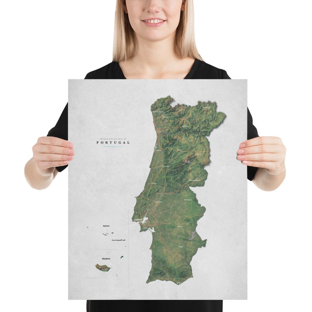 Shaded Relief Map of Portugal - Etsy