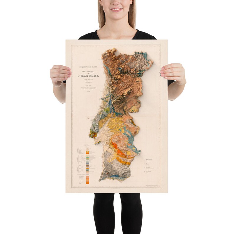 Vintage Geological Map of Portugal 1899 Enhanced With Shaded Relief - Etsy