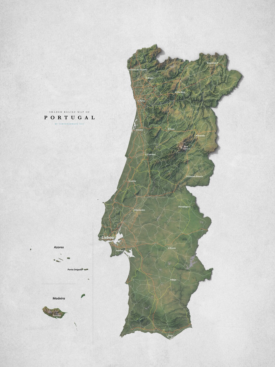 Shaded Relief Map of Portugal - Etsy