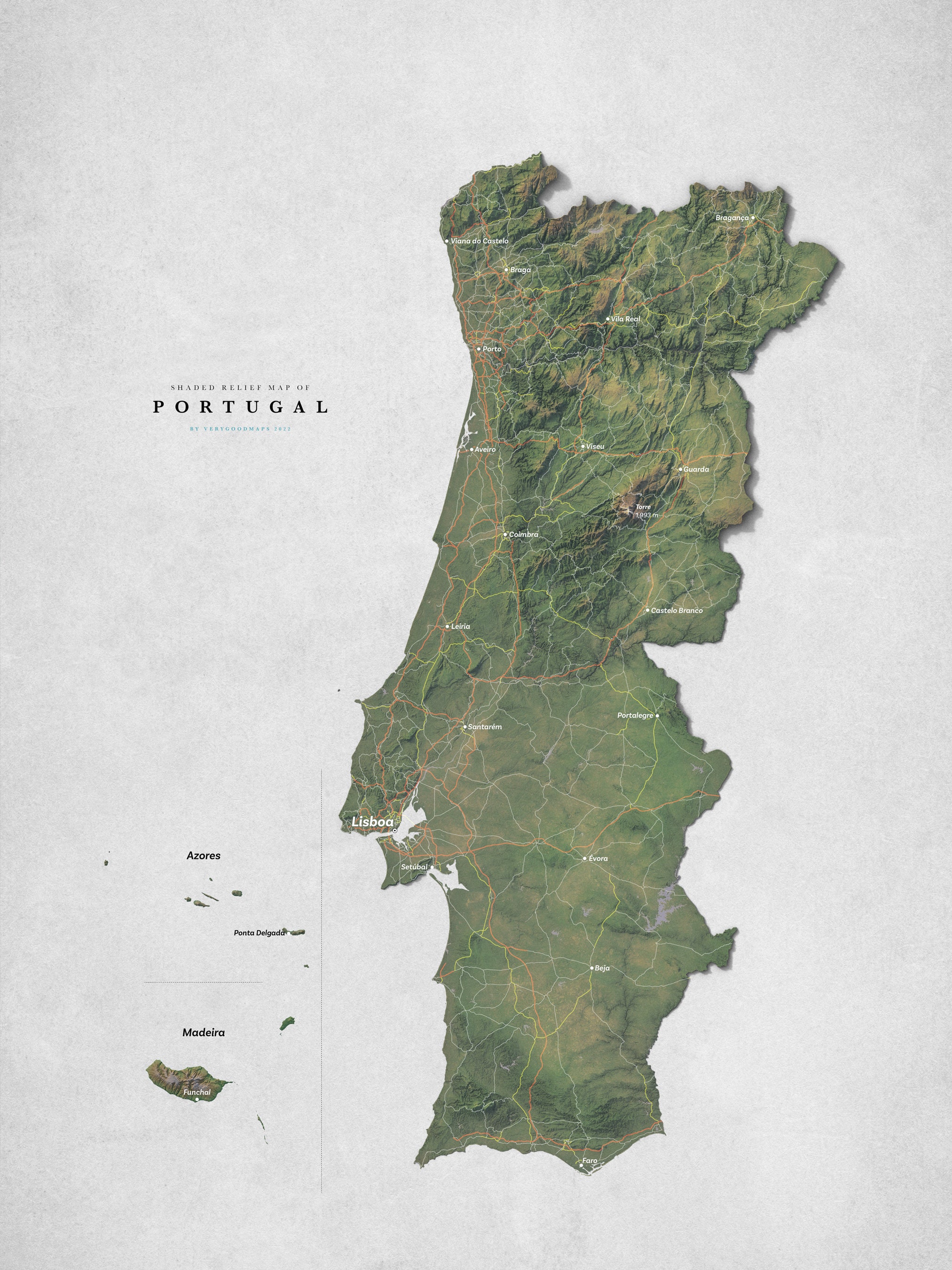 Shaded Relief Map of Portugal - Etsy