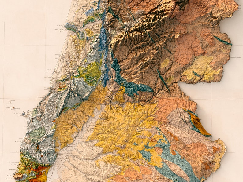 Vintage Geological Map of Portugal 1899 Enhanced With Shaded Relief - Etsy