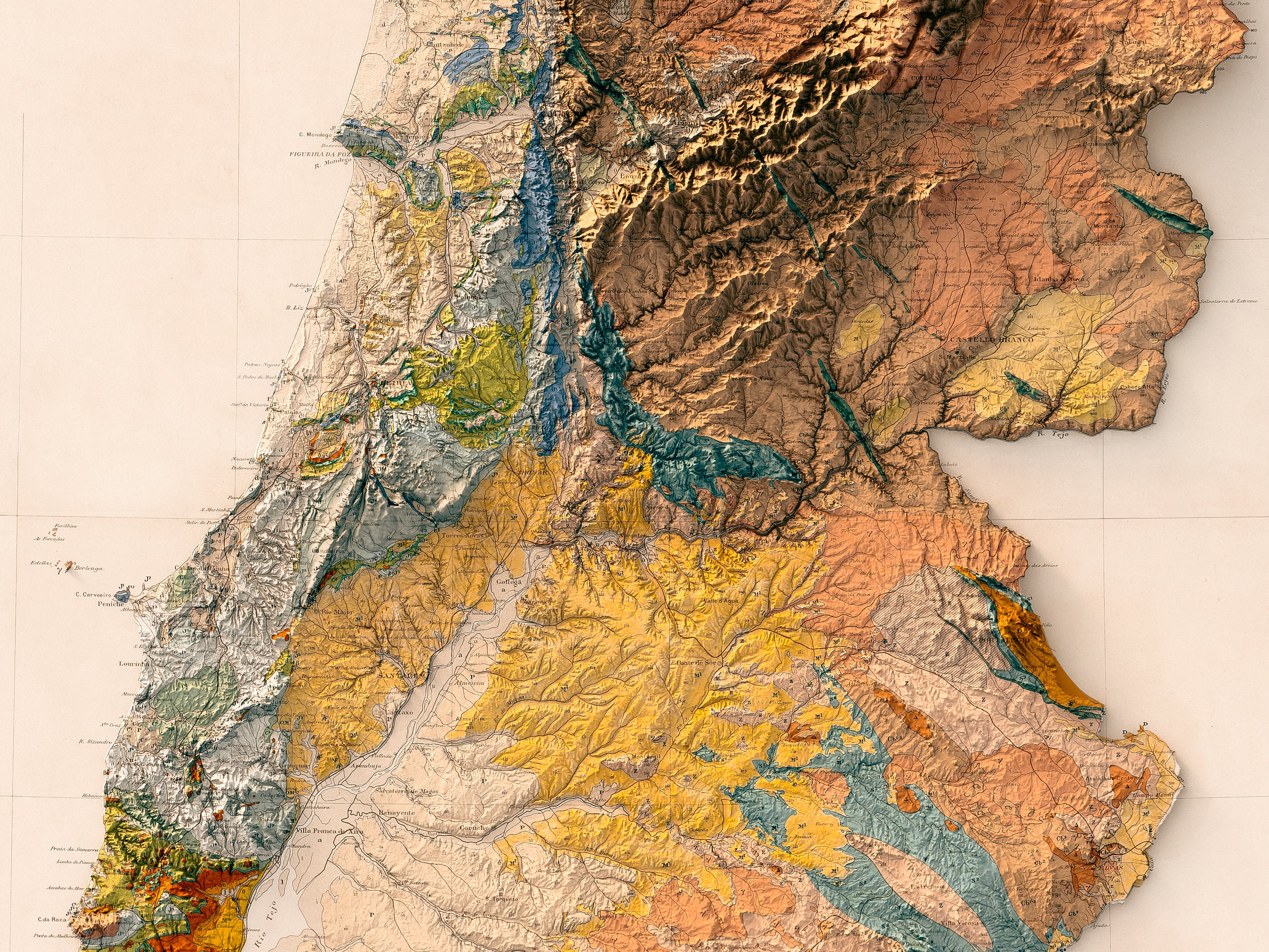 Vintage Geological Map of Portugal 1899 Enhanced With Shaded Relief - Etsy