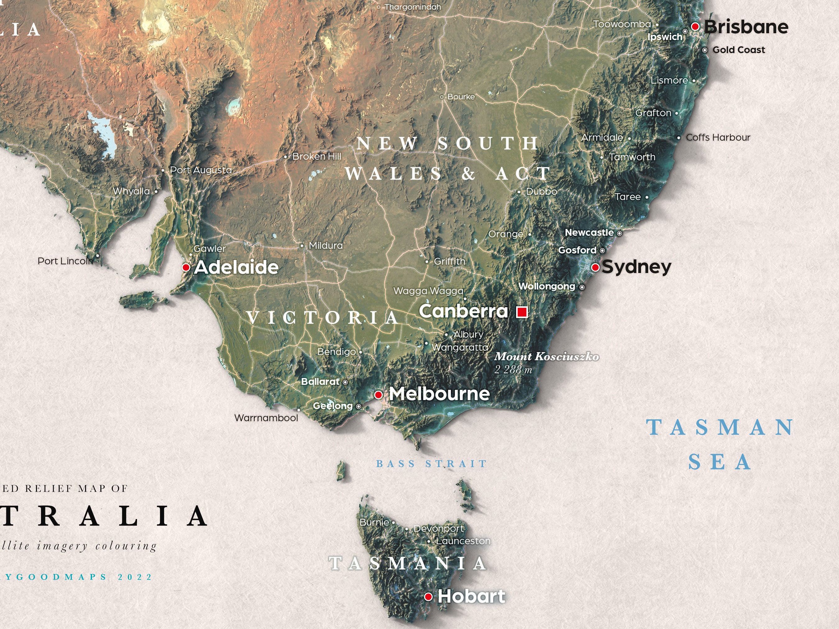 Shaded Relief Map of Australia - Etsy