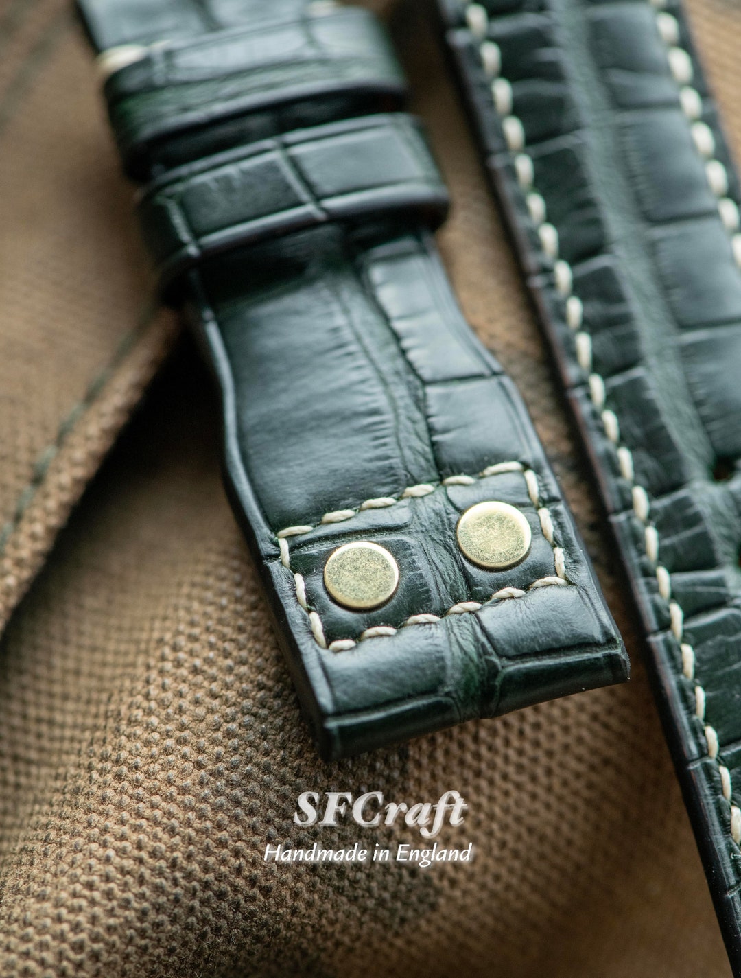Dark Green Alligator Pilot Watch Strap With Bronze Studs Custom Made by ...
