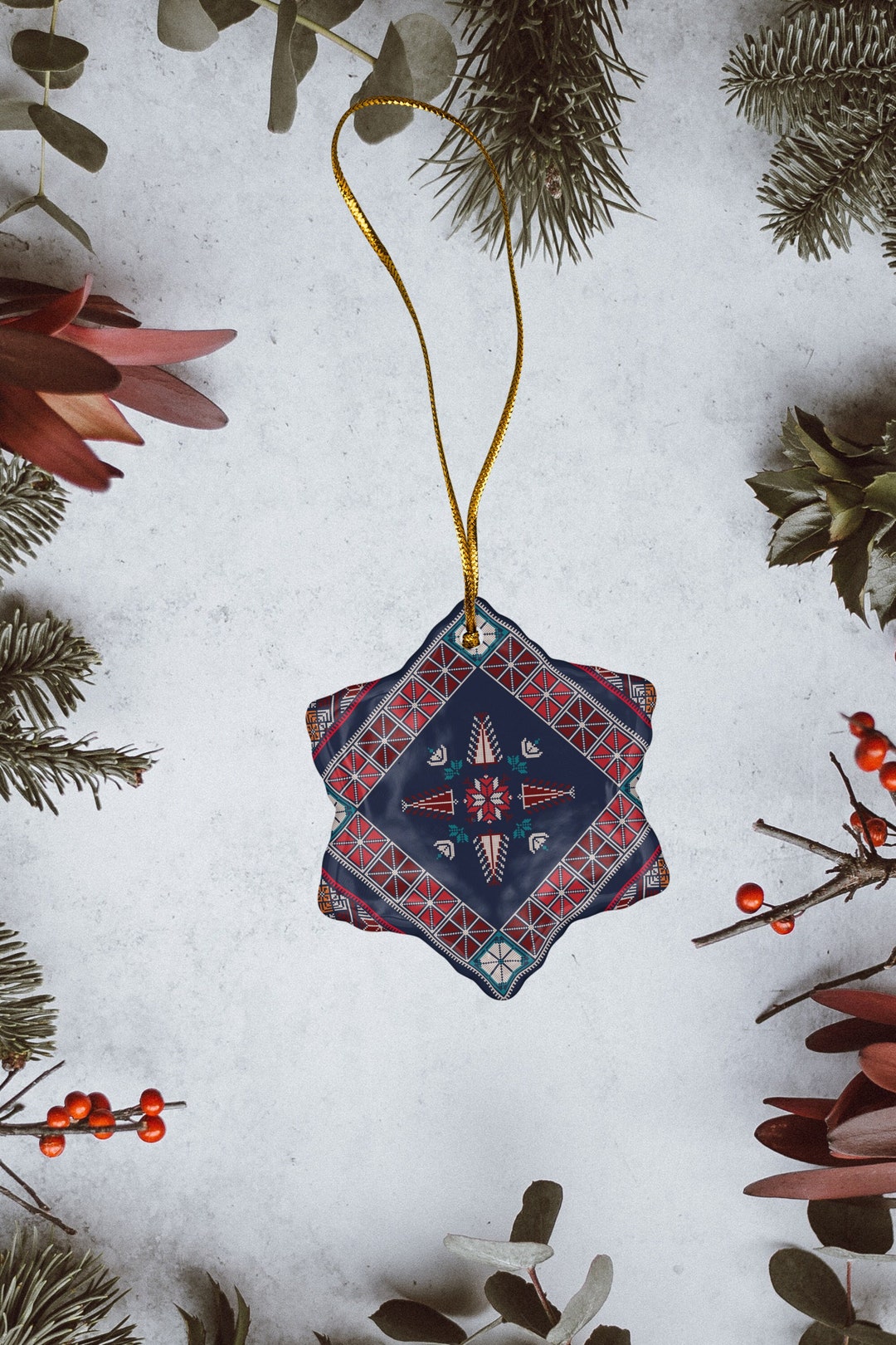Palestine Pattern Tatreez Print Christmas Tree Ceramic Ornaments Pack ...