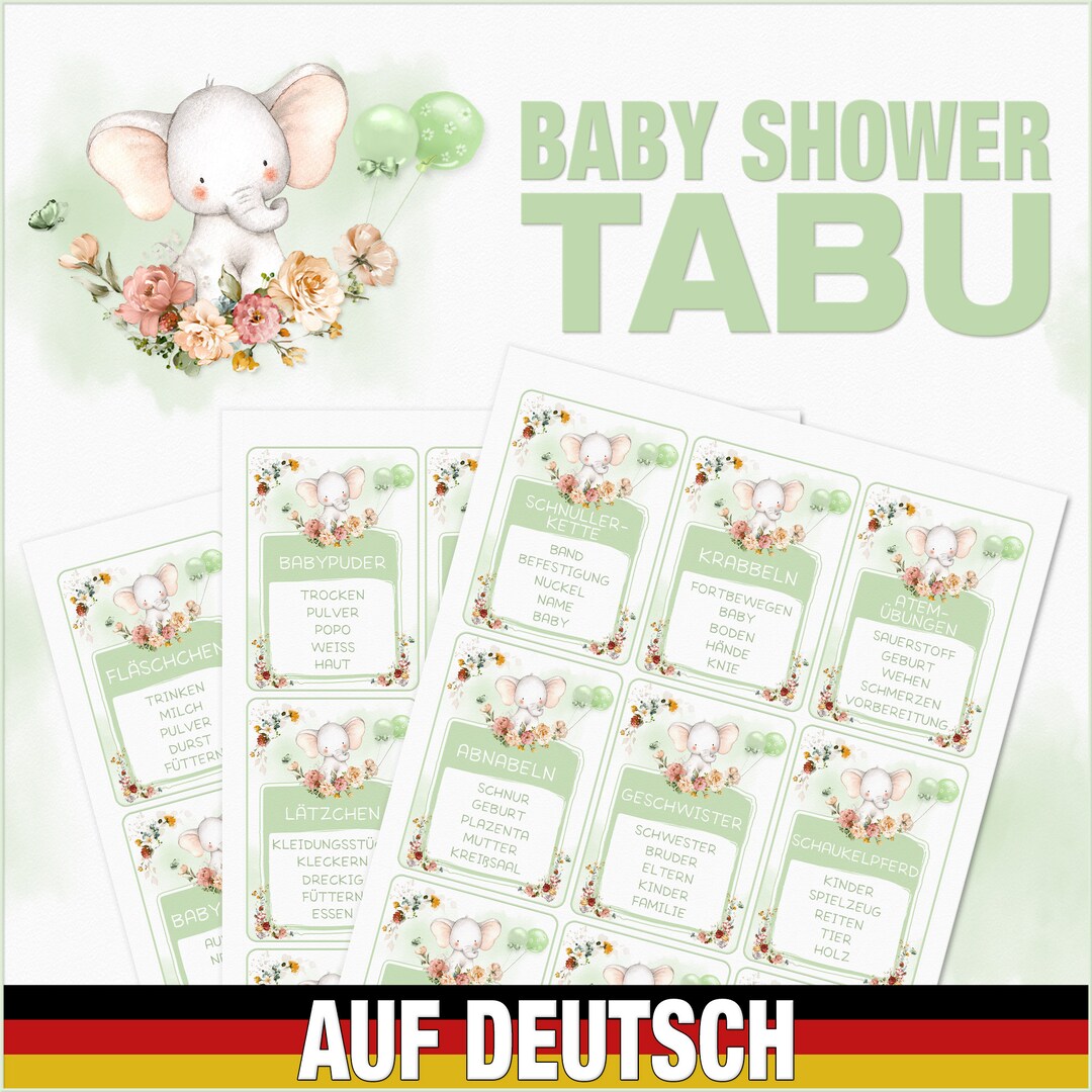 Babyparty Tabu Spiel Deutsch | Baby Shower Party Gender Neutral Grün ...