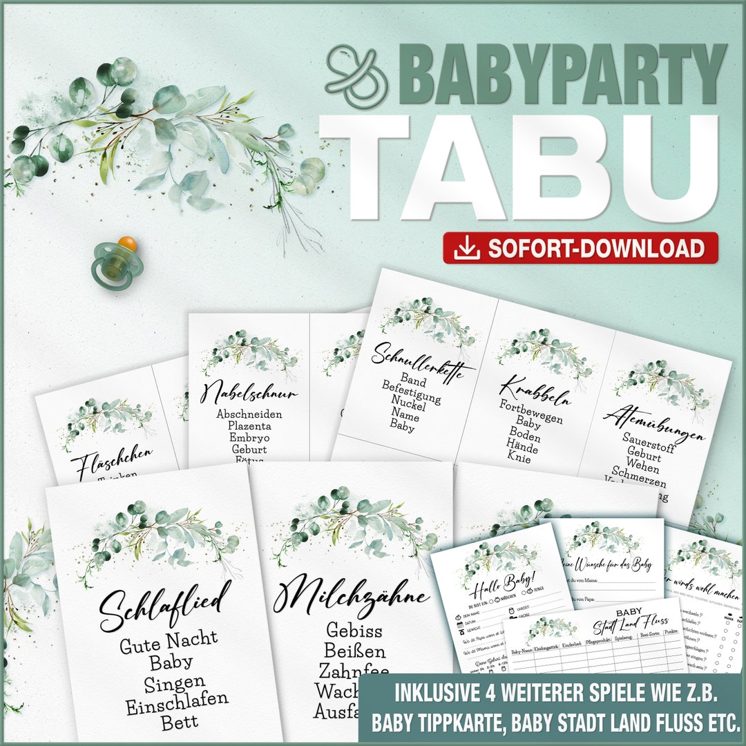 Baby Party TABU German 4 Extra Games Baby Shower Game Eucalyptus Guess the Words PDF A4 With 135 ...