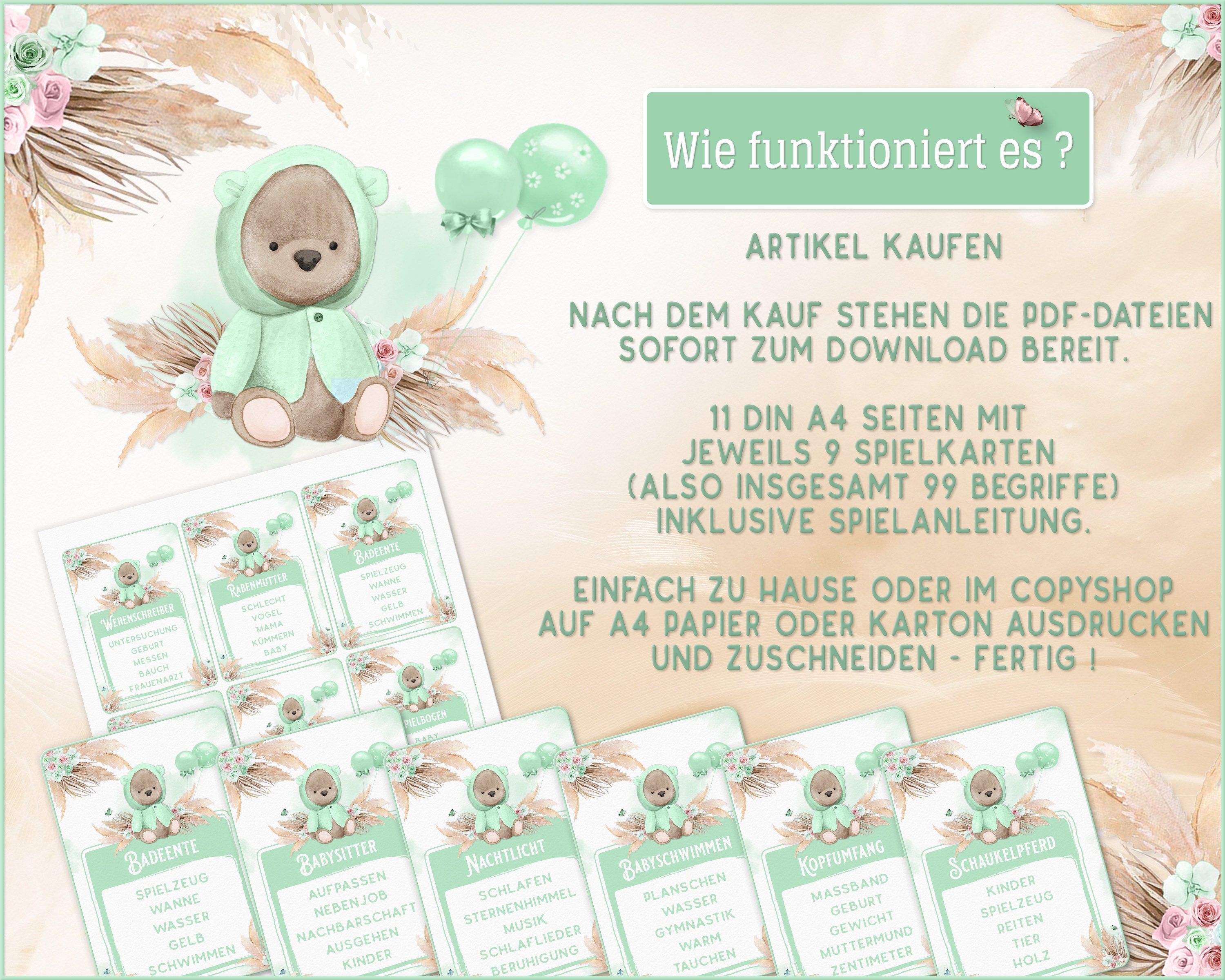 Babyparty Tabu Spiel | Boho Teddybär | Baby Shower Party Gender Neutral ...