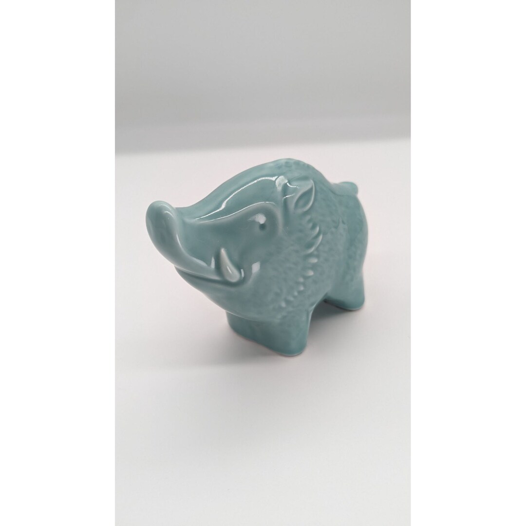 Teal Japanese OKIMONO Pottery Ceramic Zodiac Boar Pig Figure Knick ...