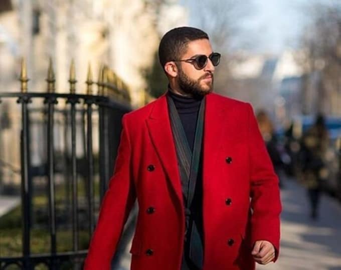 Mens Red Jacket Trench Long Coat Casual Fashion Double Breast Coat ...