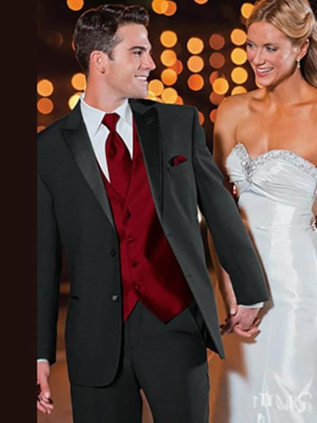 Mens Black Red Lapel Groom Tuxedos Groomsmen Best Man Suit Men Wedding ...